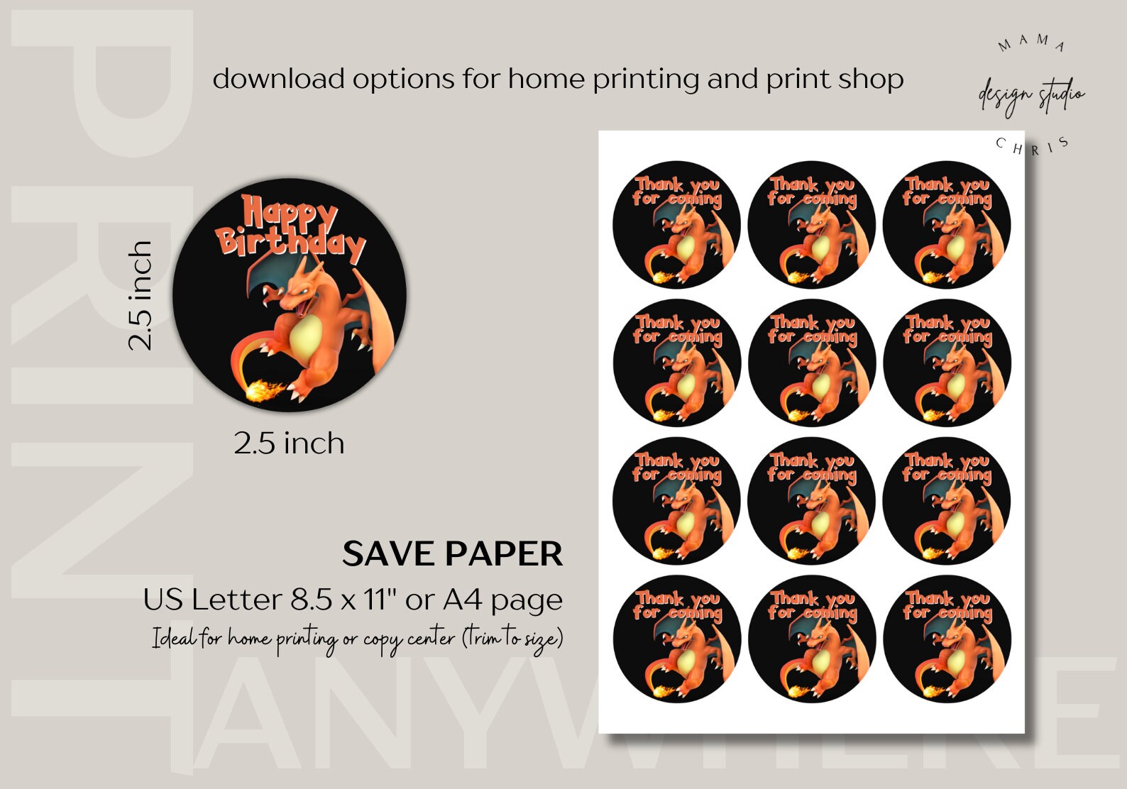 Charizard Cupcake Toppers Printable Cupcake Topper Instant Download DIY ...