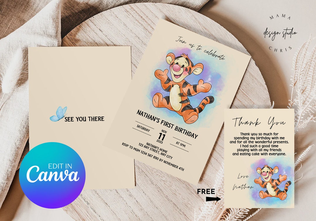 Tigger Birthday Invitation Printable Invitation Thank You Card Editable ...