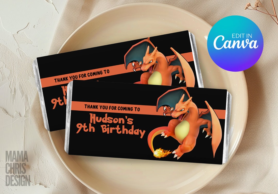 Charizard Chocolate Bar Wrapper, Editable Party Favour, Personalised ...