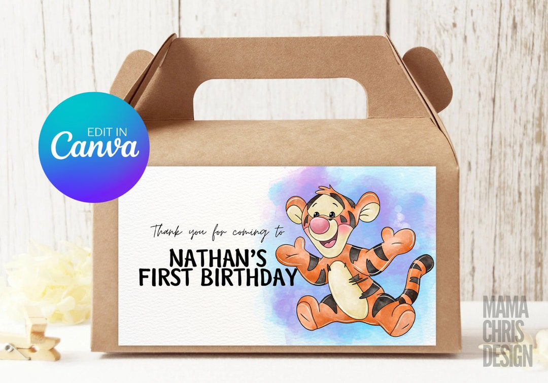 Tigger Gable Box Label Editable, First Birthday Favour Box Sticker ...