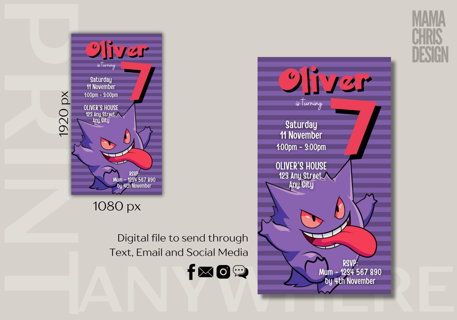 Gengar Birthday Invitation, Printable Birthday Invitation, Editable ...