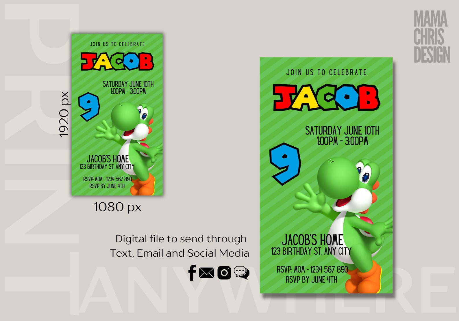 Yoshi Birthday Invitation, Printable Birthday Invitation, Editable ...