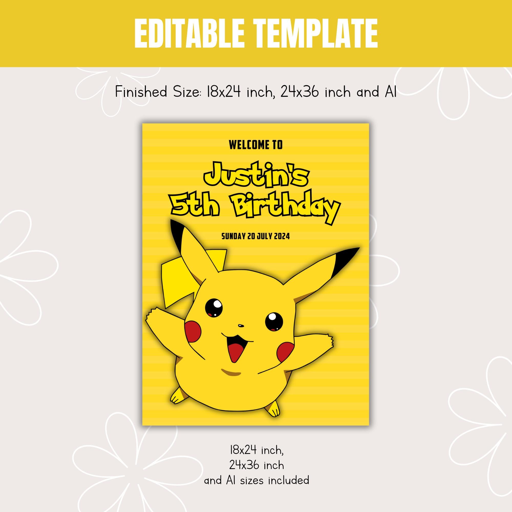 Pikachu Welcome Sign Template, Editable Pokemon Birthday Easel Sign ...
