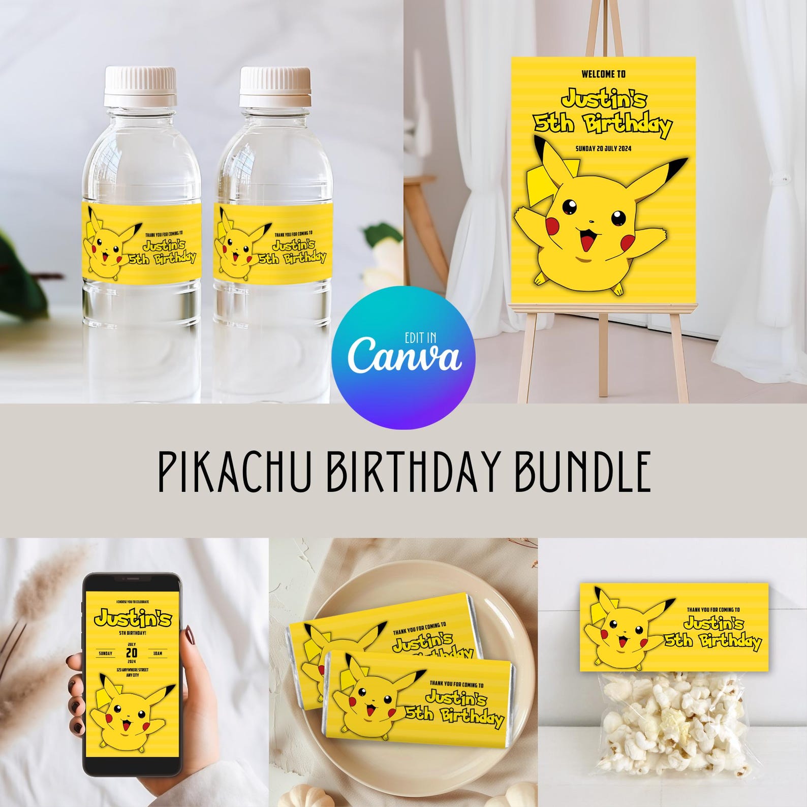 Pikachu Birthday Party Bundle Template, Editable Birthday Party Bundle ...