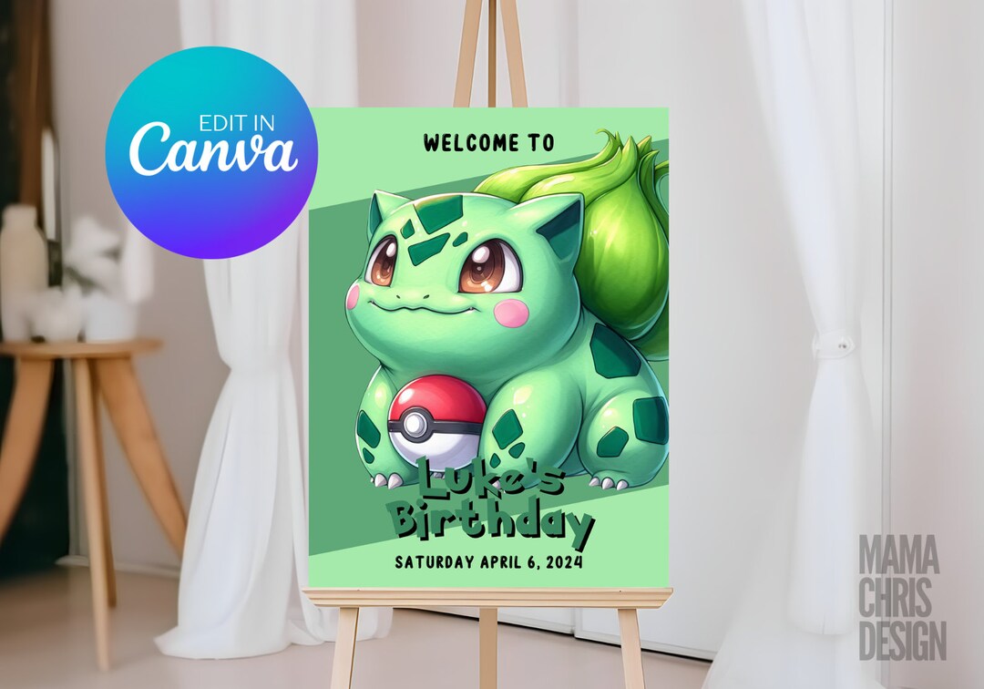 Bulbasaur Welcome Sign Template, Editable Pokemon Birthday Easel Sign ...