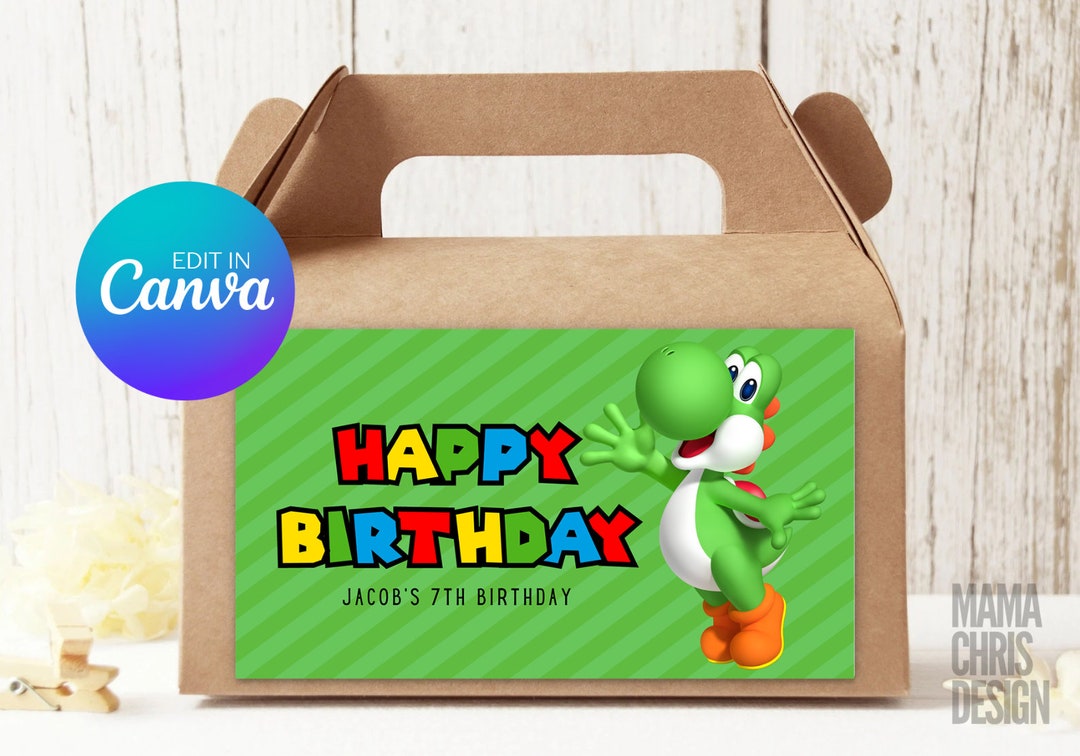 Yoshi Theme Birthday Party Gable Box Label Template, Editable Template ...