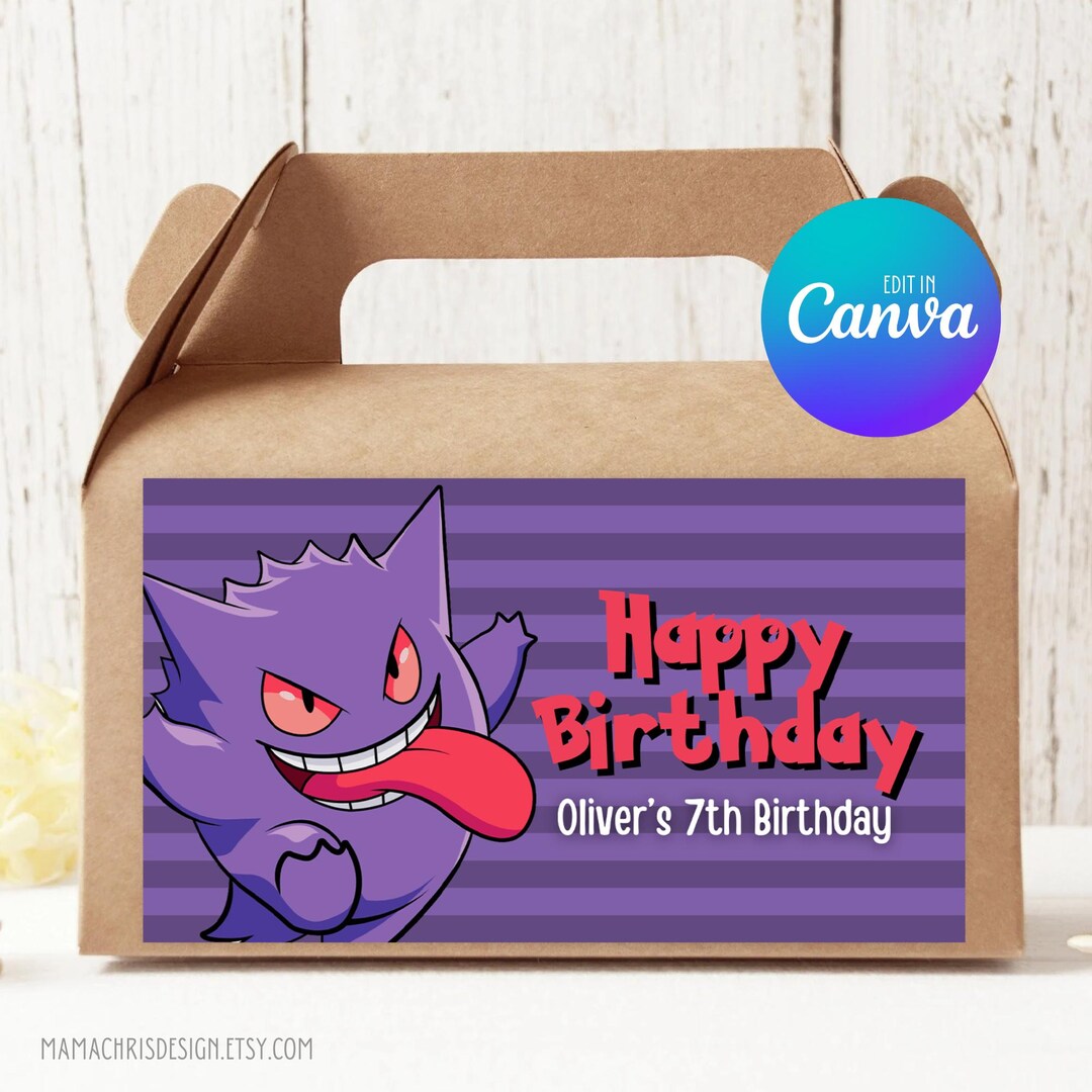 Gengar Gable Box Label Editable, Pokemon Favour Box Sticker Template ...
