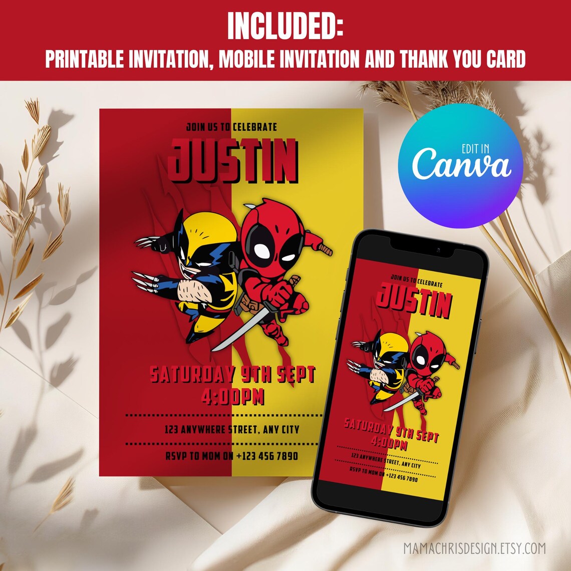 Deadpool & Wolverine Birthday Invitation, Printable Birthday Invitation ...