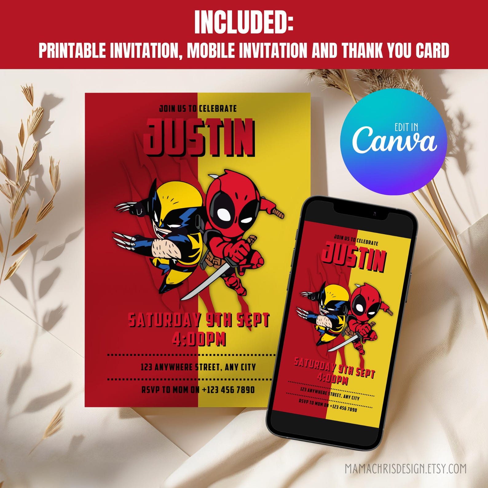 Deadpool & Wolverine Birthday Invitation, Printable Birthday Invitation ...