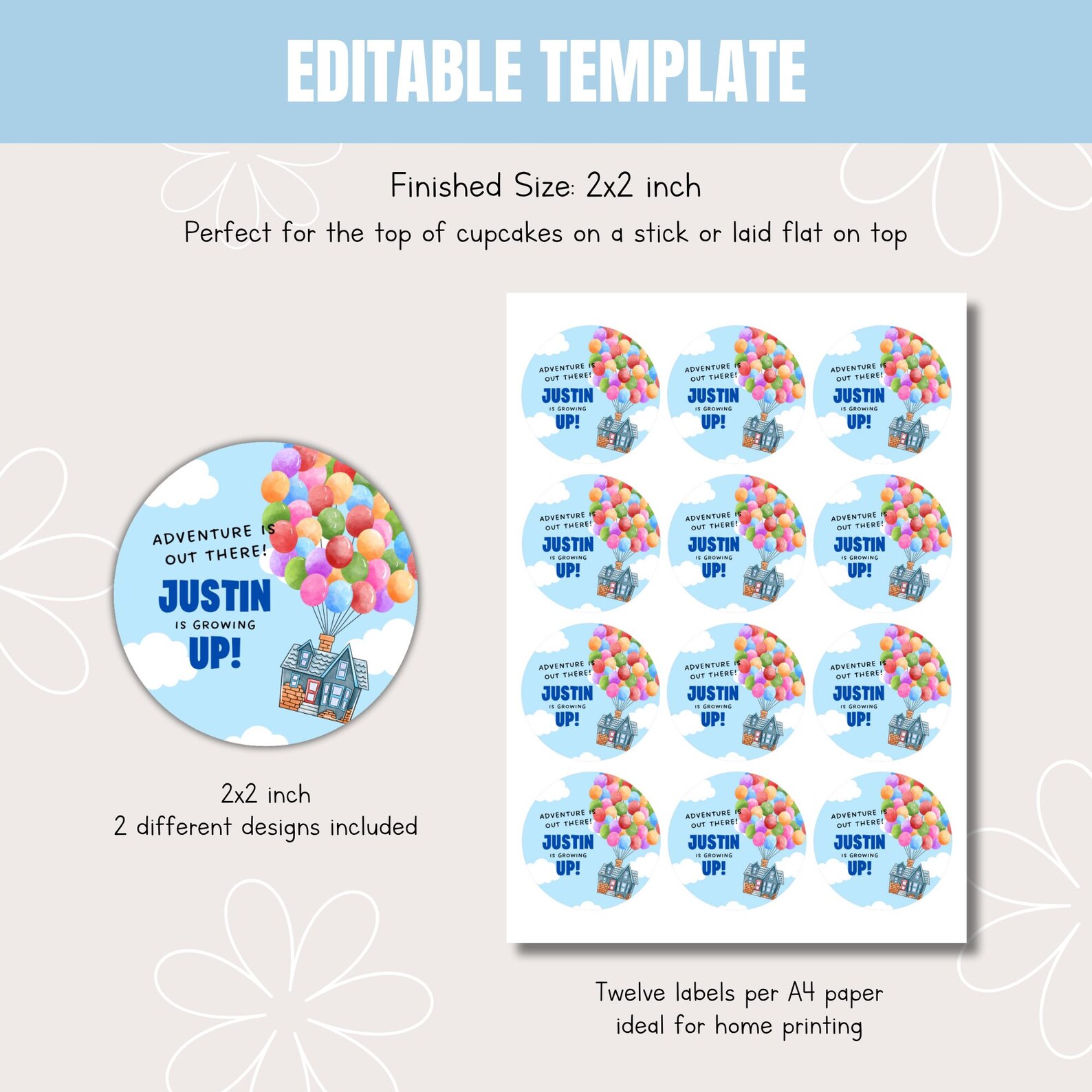 UP Cupcake Topper, Printable Cupcake Topper, Editable Template, UP ...