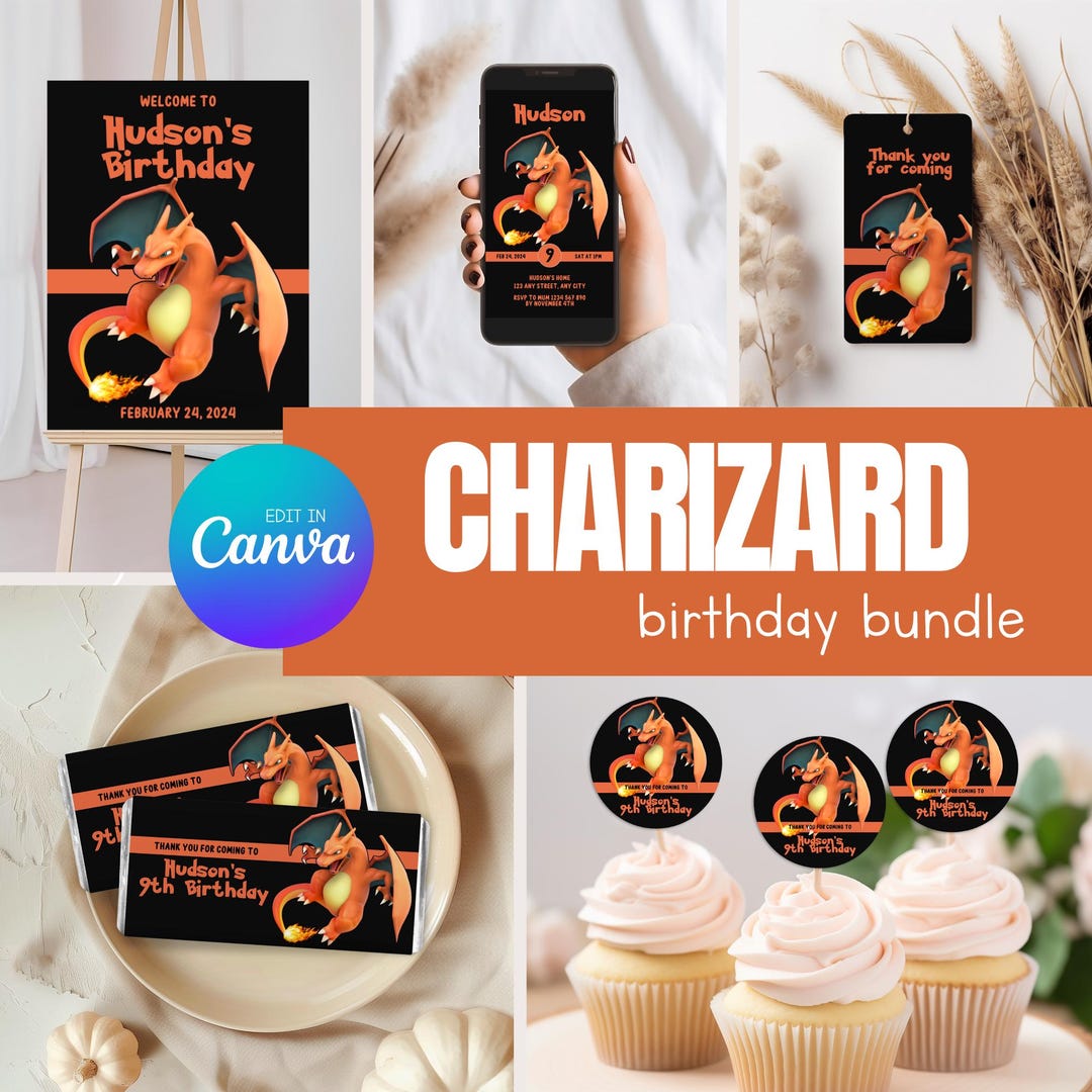 Charizard Birthday Party Bundle Template, Editable Birthday Party ...