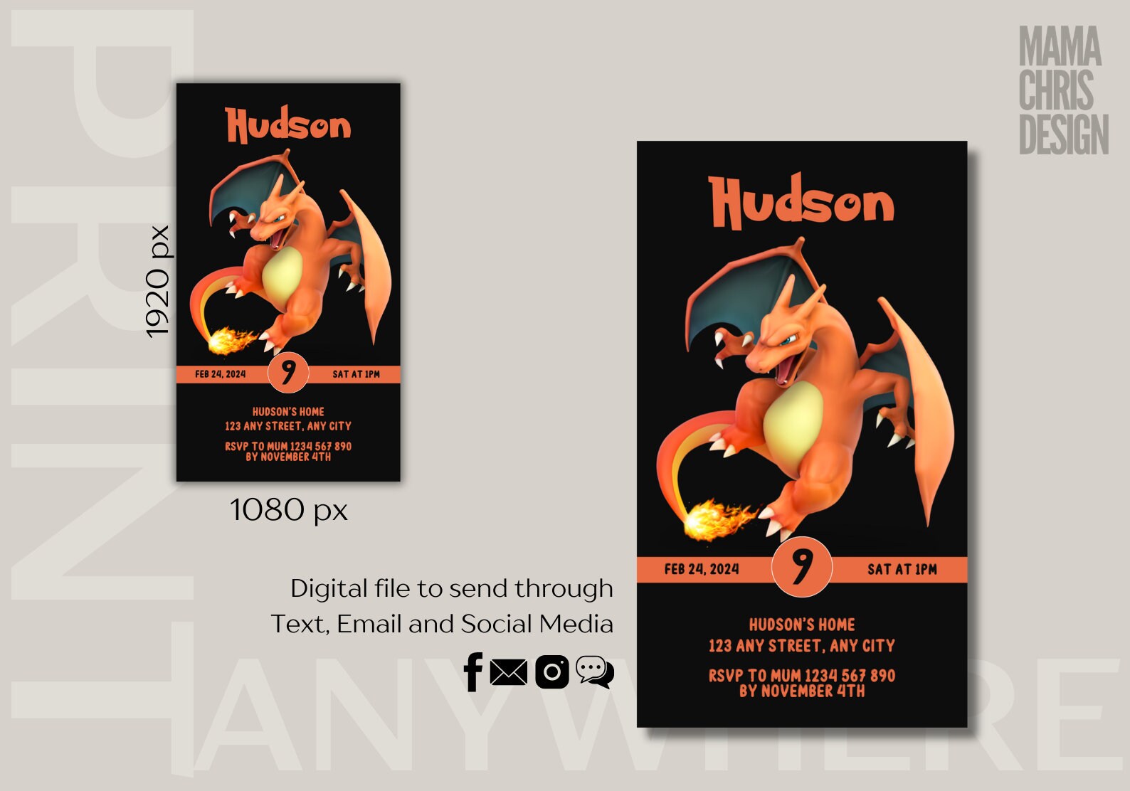 Charizard Birthday Invitation, Printable Birthday Invitation, Editable ...