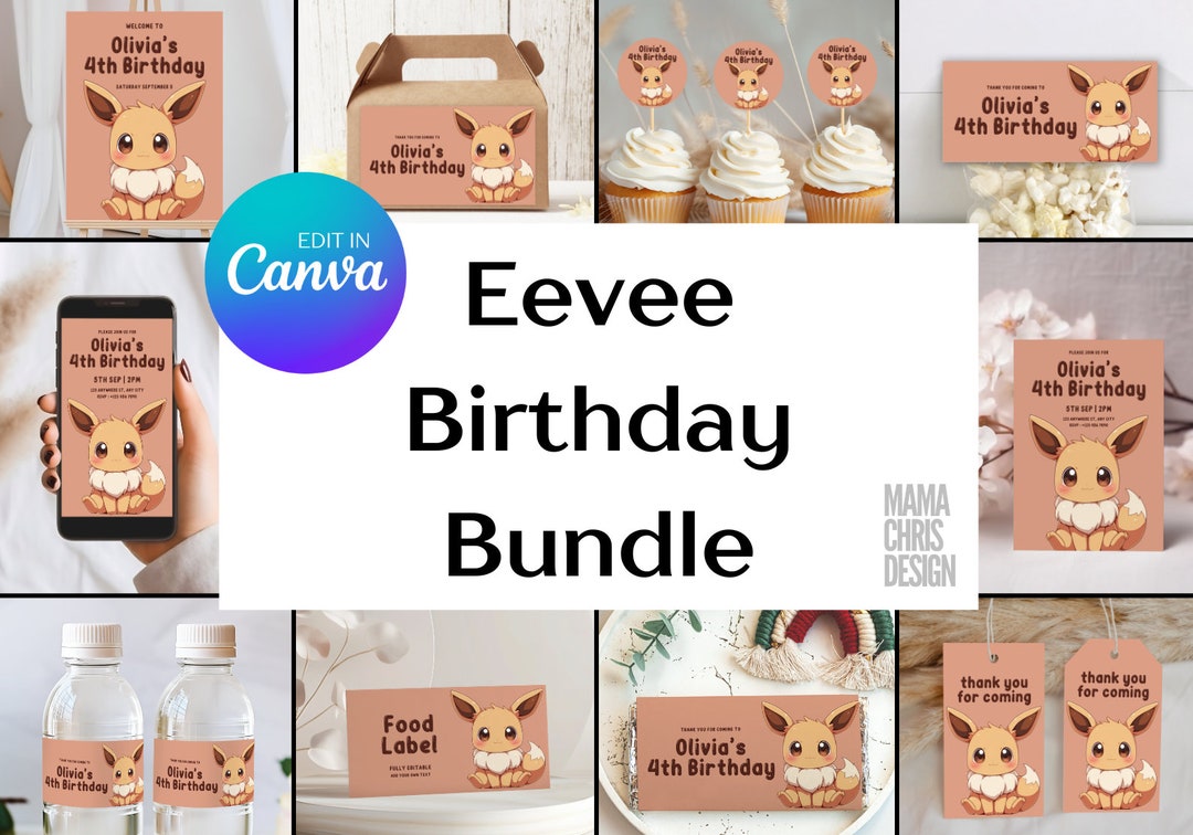 Eevee Birthday Party Bundle Template, Editable Birthday Party Bundle ...
