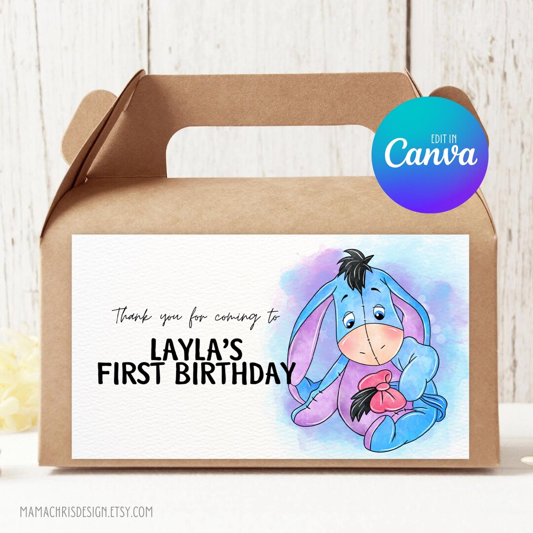 Eeyore Gable Box Label Editable, First Birthday Favour Box Sticker ...