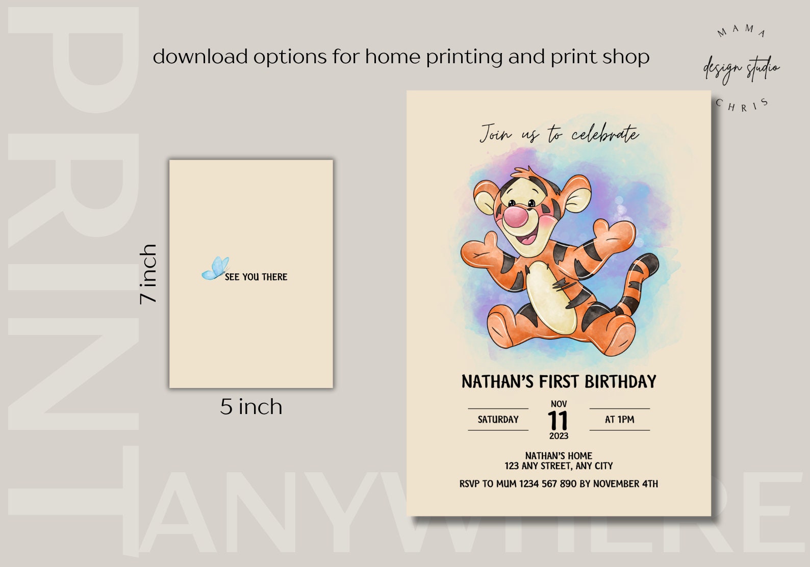 Tigger Birthday Invitation Printable Invitation Thank You Card Editable ...