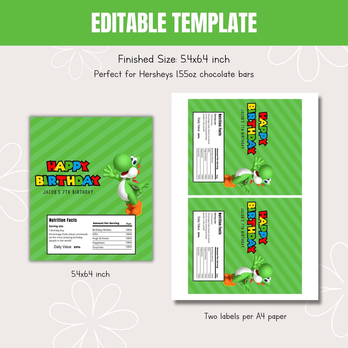 Yoshi Chocolate Bar Wrapper, Editable Party Favour, Personalised ...