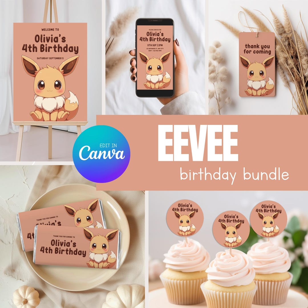 Eevee Birthday Party Bundle Template, Editable Birthday Party Bundle ...