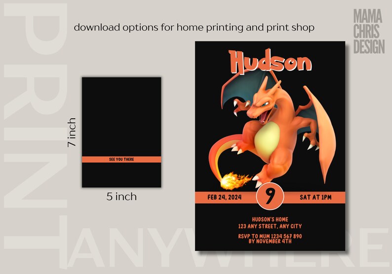 Charizard Invitation Printable and Mobile Invitation Thank You Card ...
