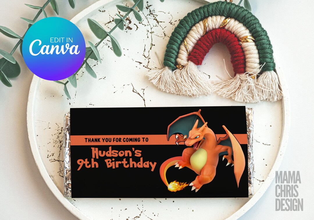 Charizard Theme Birthday Party Chocolate Bar Wrapper Template, Editable ...