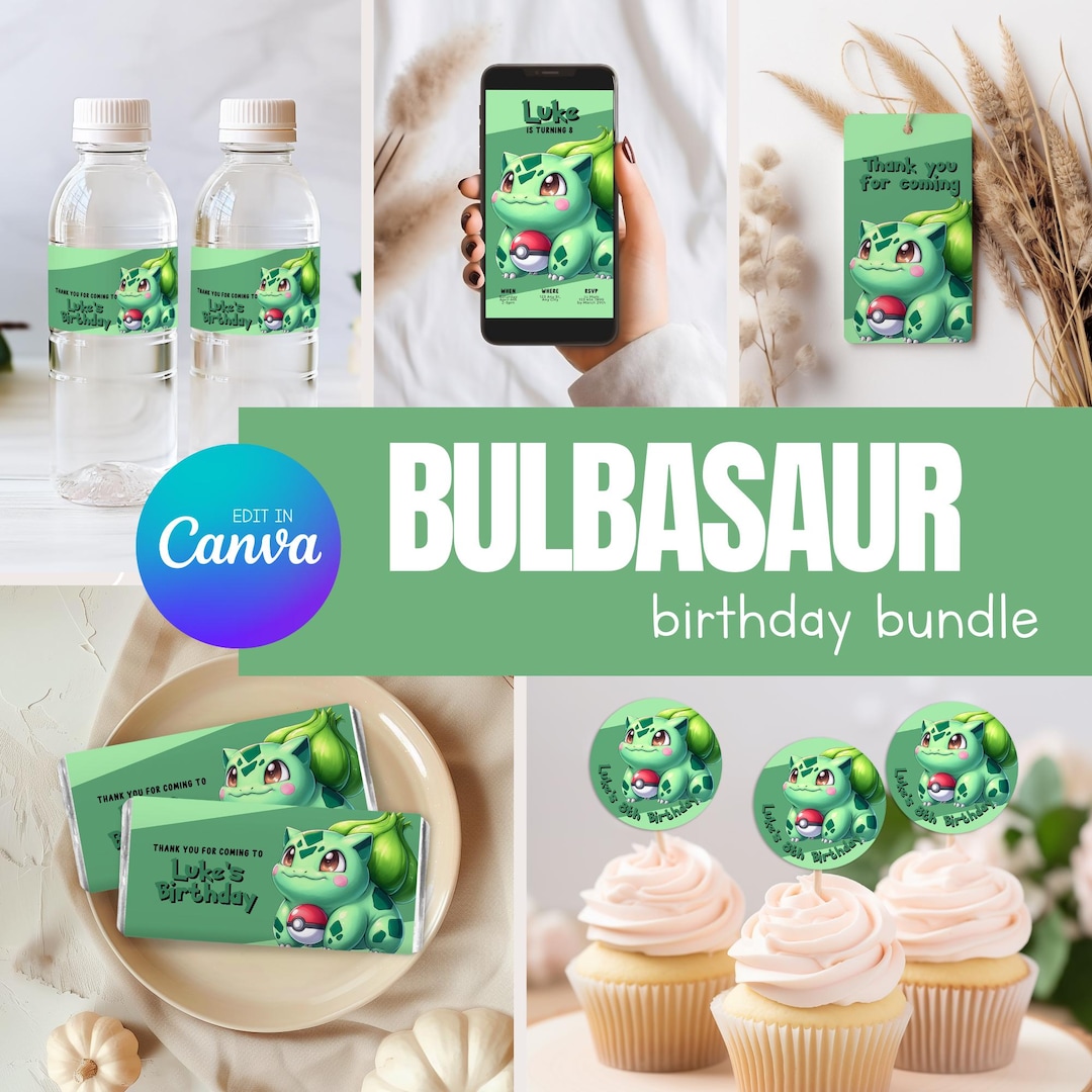 Bulbasaur Birthday Party Bundle Template, Editable Birthday Party ...
