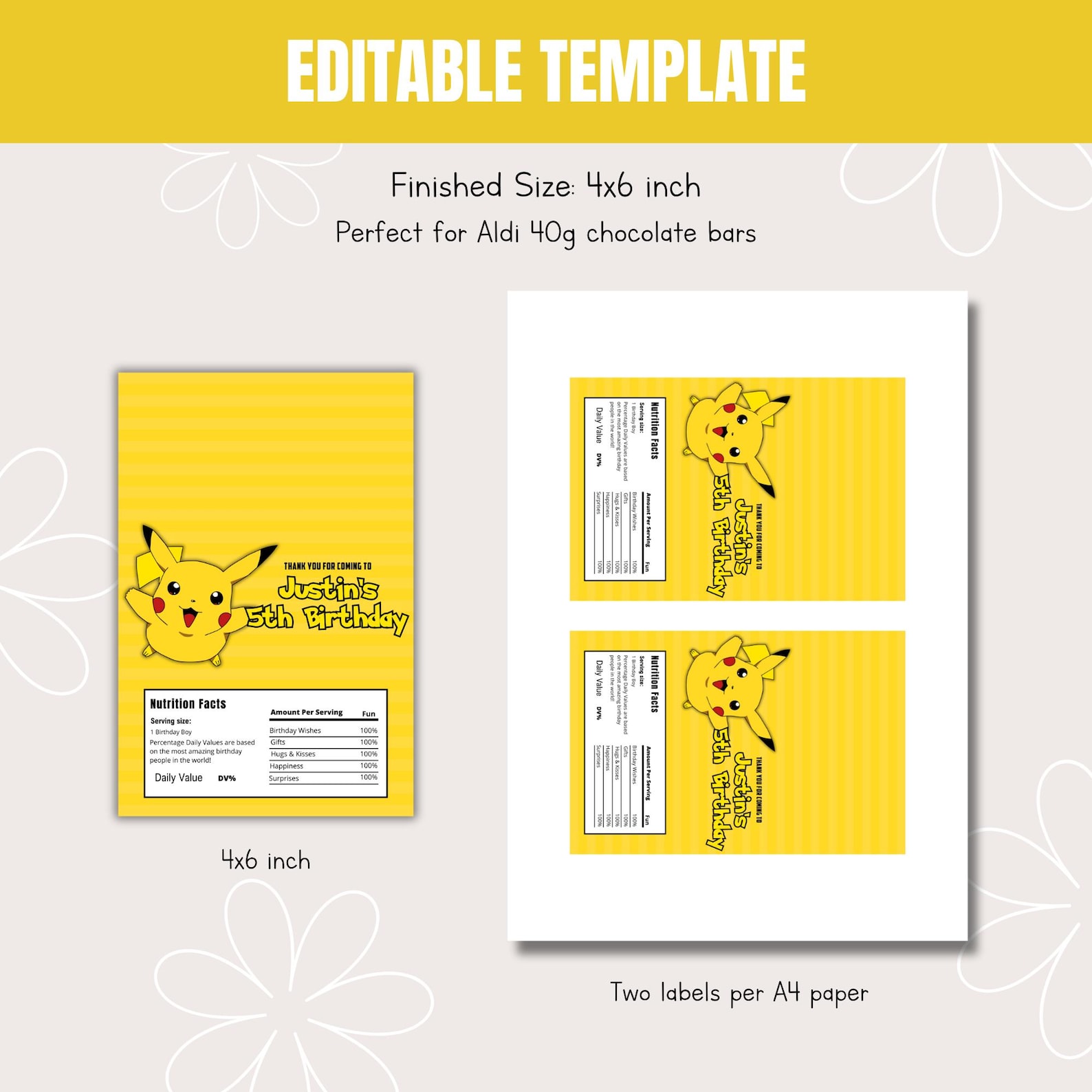 Pikachu Chocolate Bar Wrapper, Editable Party Favour, Personalised ...