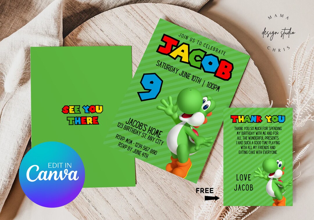 Yoshi Birthday Invitation Printable Invitation Thank You Card Editable ...