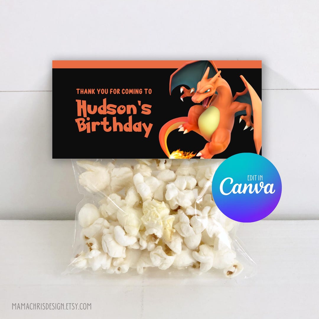 Charizard Treat Bag Topper Template, Editable Favour Treat Bag Design ...