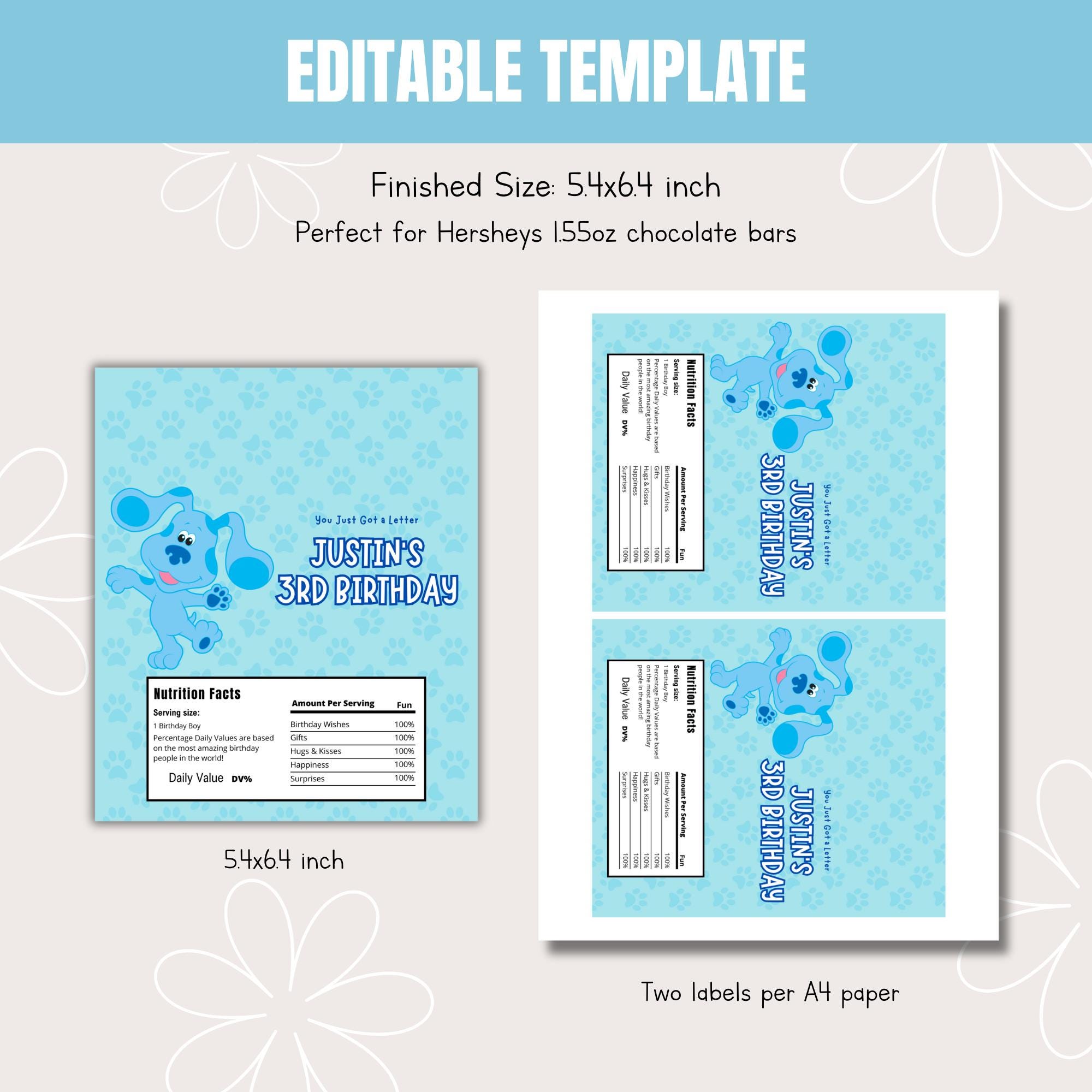 Blue's Clues Chocolate Bar Wrapper, Editable Party Favour, Personalised ...