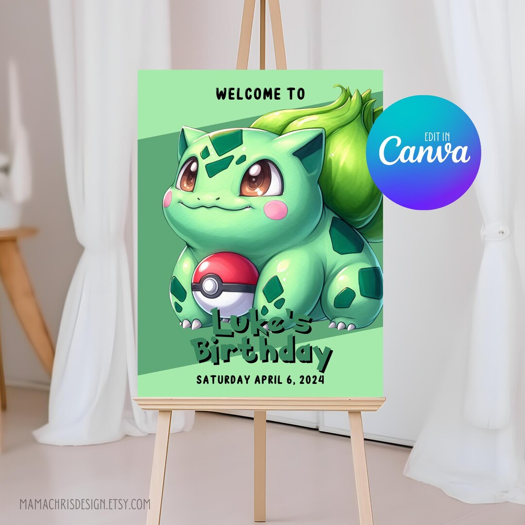 Bulbasaur Welcome Sign Template, Editable Pokemon Birthday Easel Sign ...