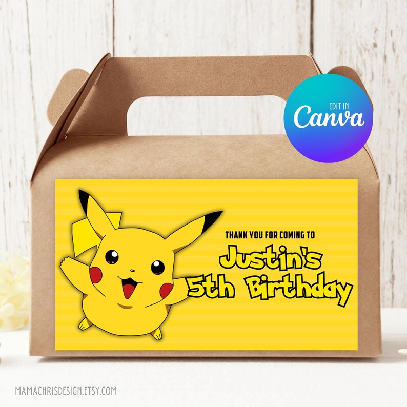 Pikachu Gable Box Label Editable, Pokemon Favour Box Sticker Template ...