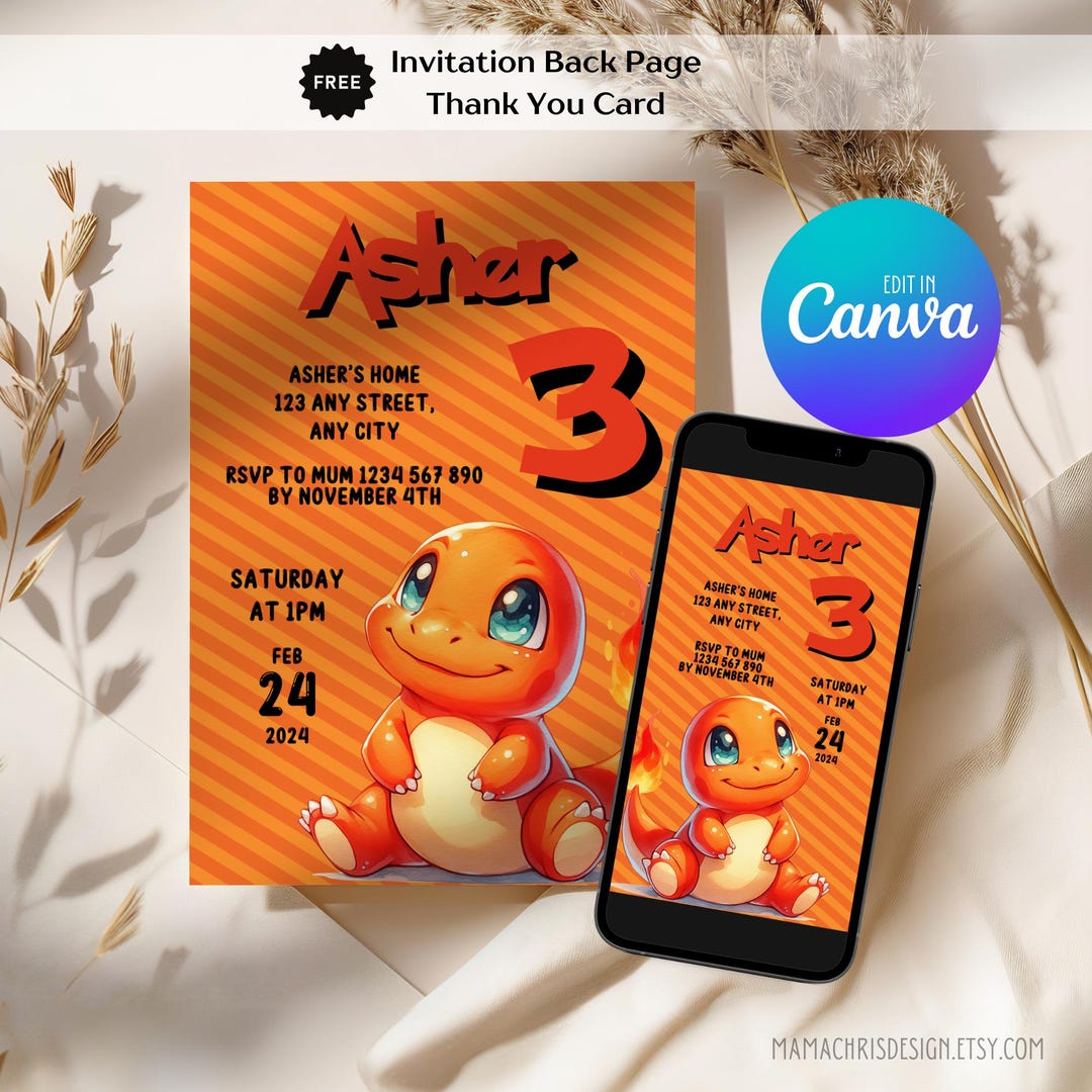 Charmander Birthday Invitation, Printable Birthday Invitation, Editable ...