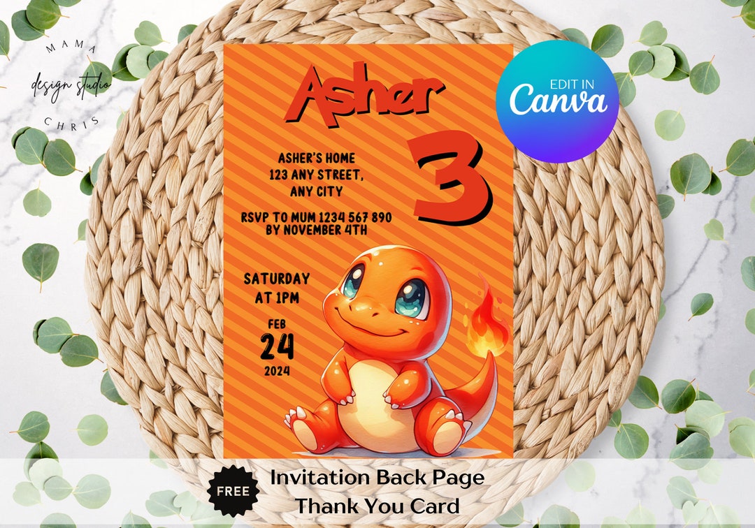 Charmander Birthday Invitation Printable Invitation Thank You Card ...