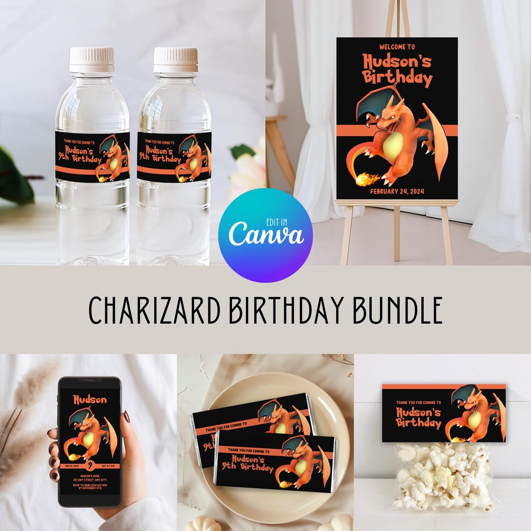 Charizard Birthday Party Bundle Template, Editable Birthday Party ...