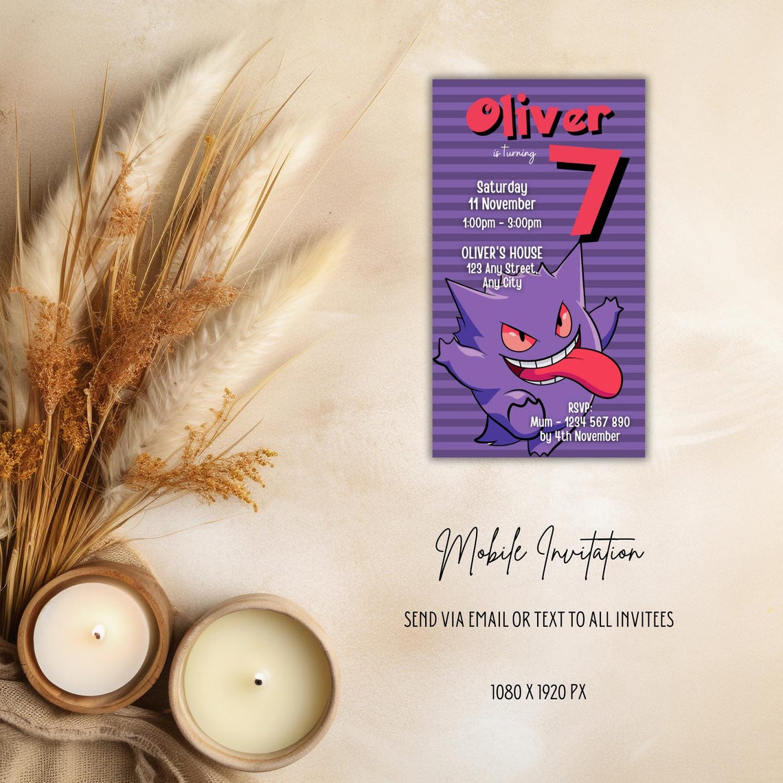 Gengar Birthday Invitation, Printable Birthday Invitation, Editable ...