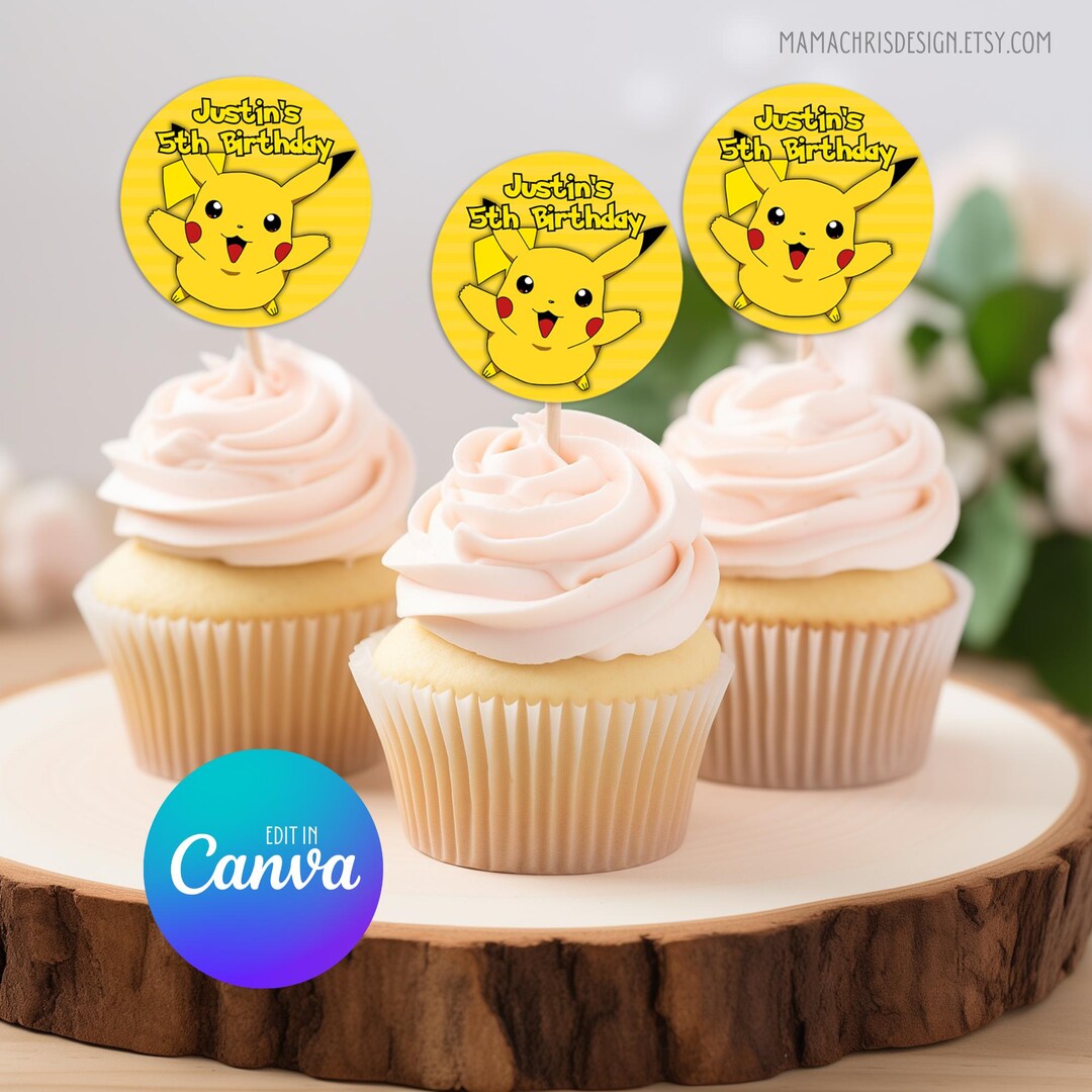 Pikachu Cupcake Topper, Printable Cupcake Topper, Editable Template ...