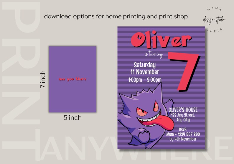 Gengar Birthday Invitation Printable Invitation Thank You Card Editable ...
