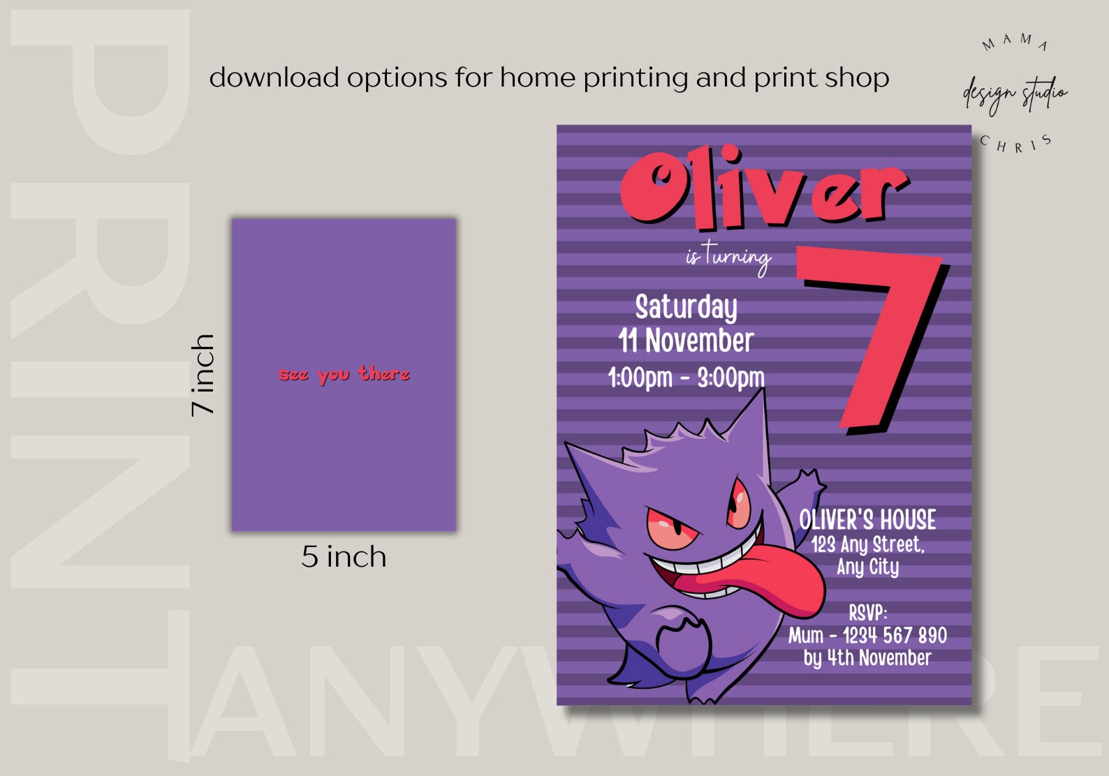 Gengar Birthday Invitation Printable Invitation Thank You Card Editable ...