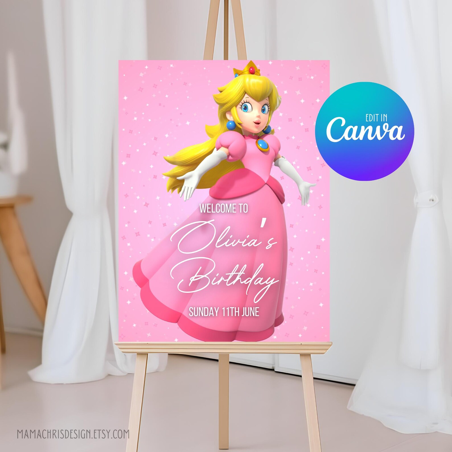Princess Peach Welcome Sign Template, Editable Mario Birthday Easel ...
