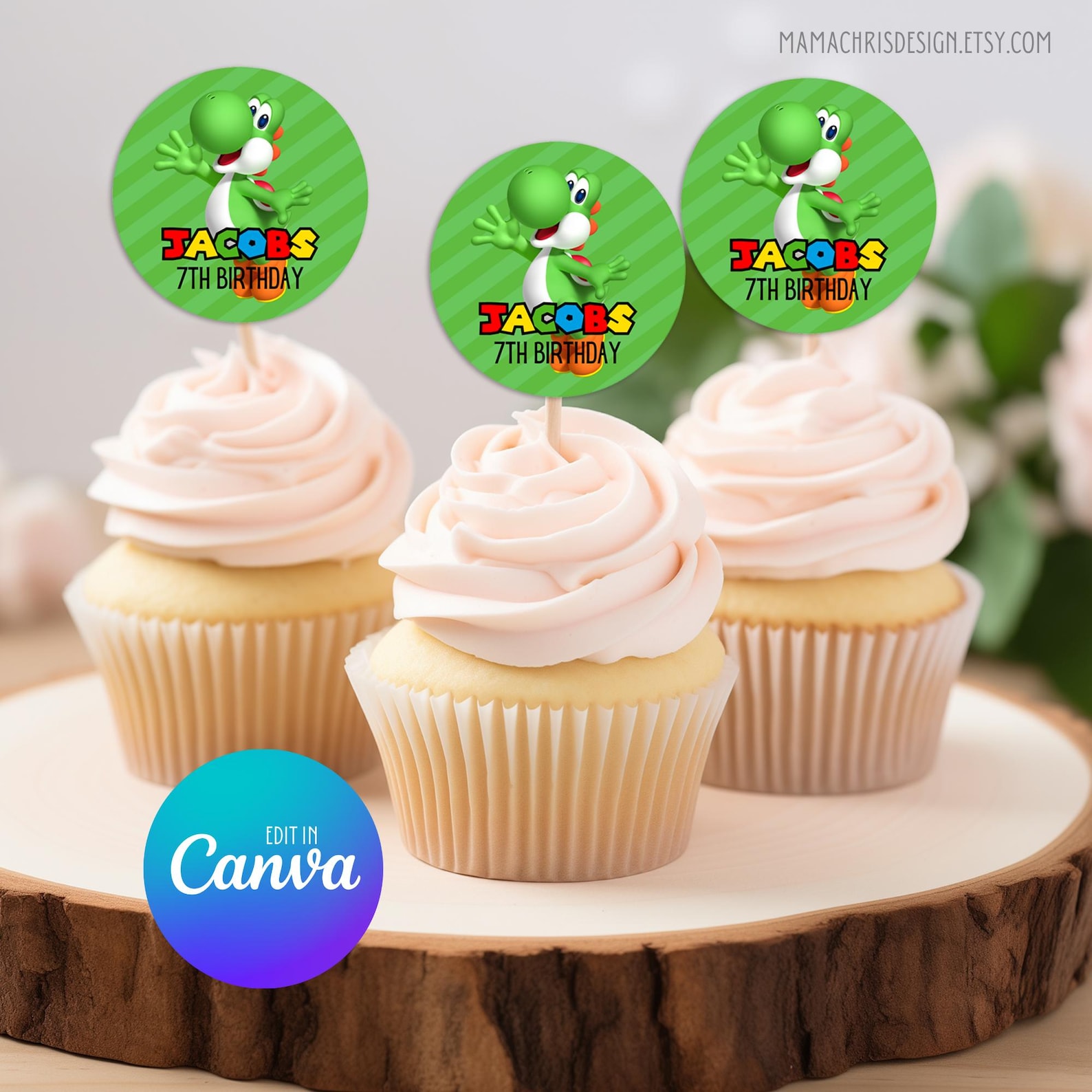 Yoshi Cupcake Topper, Printable Cupcake Topper, Editable Template ...