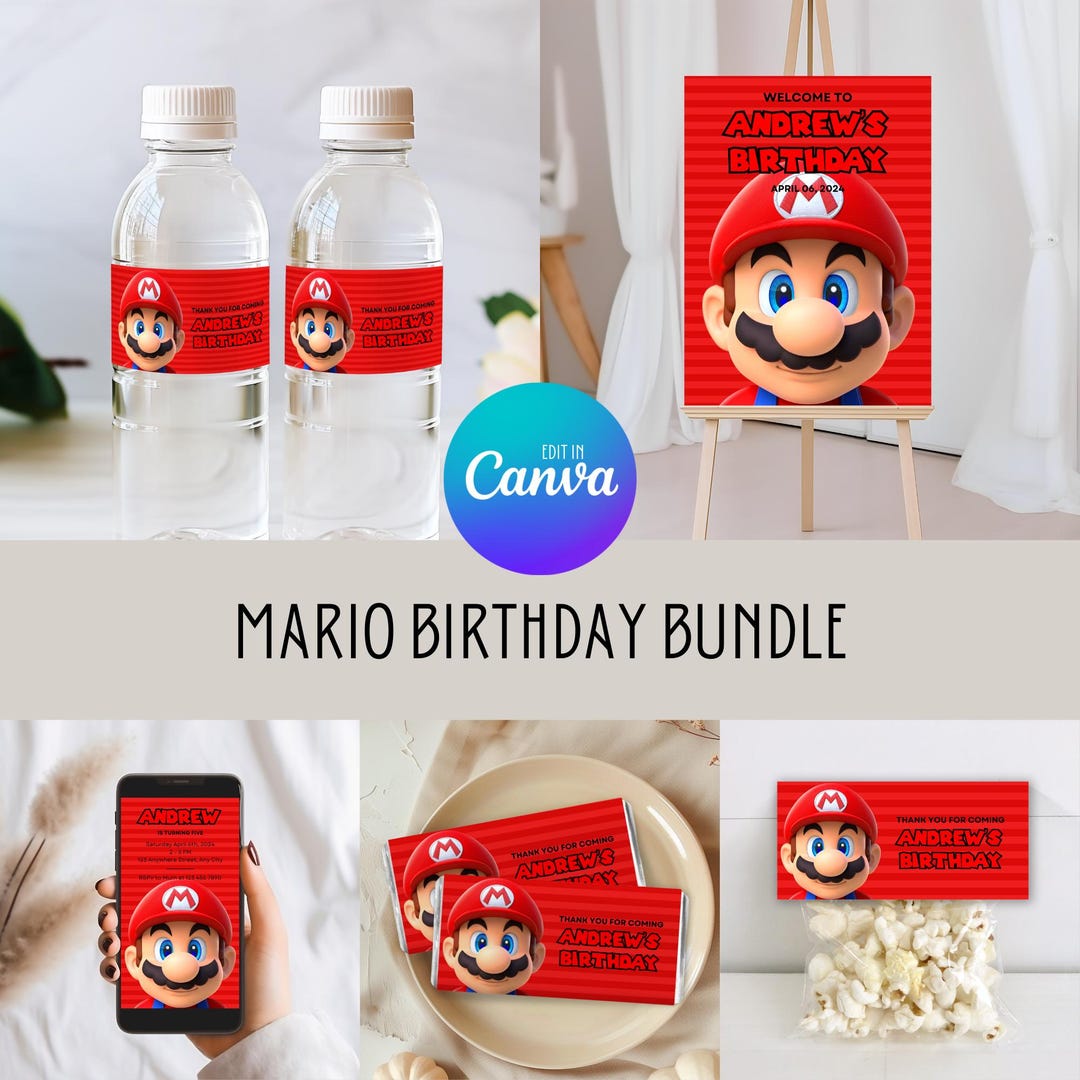 Mario Birthday Party Bundle Template, Editable Birthday Party Bundle ...
