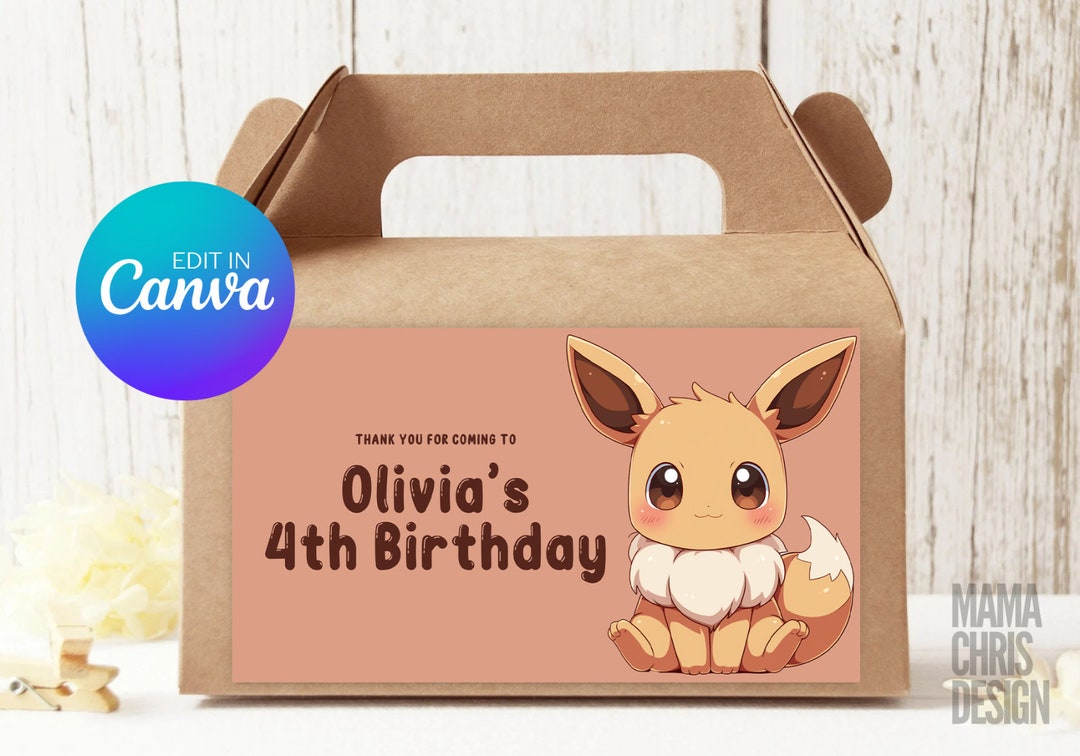 Eevee Gable Box Label Editable, Pokemon Favour Box Sticker Template ...