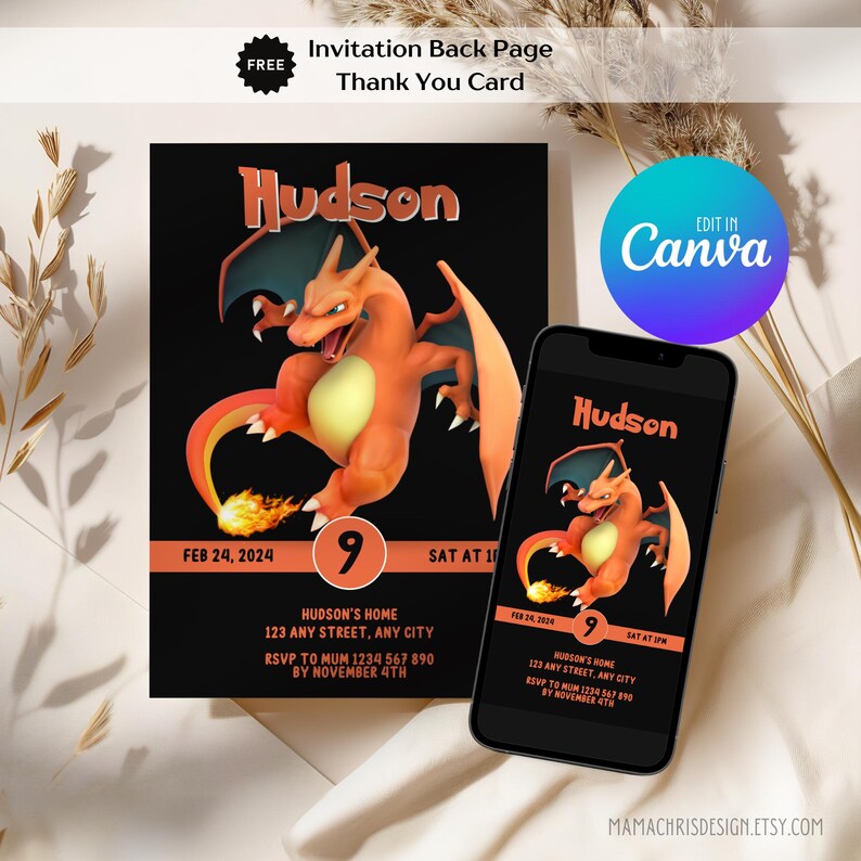 Charizard Birthday Invitation, Printable Birthday Invitation, Editable ...