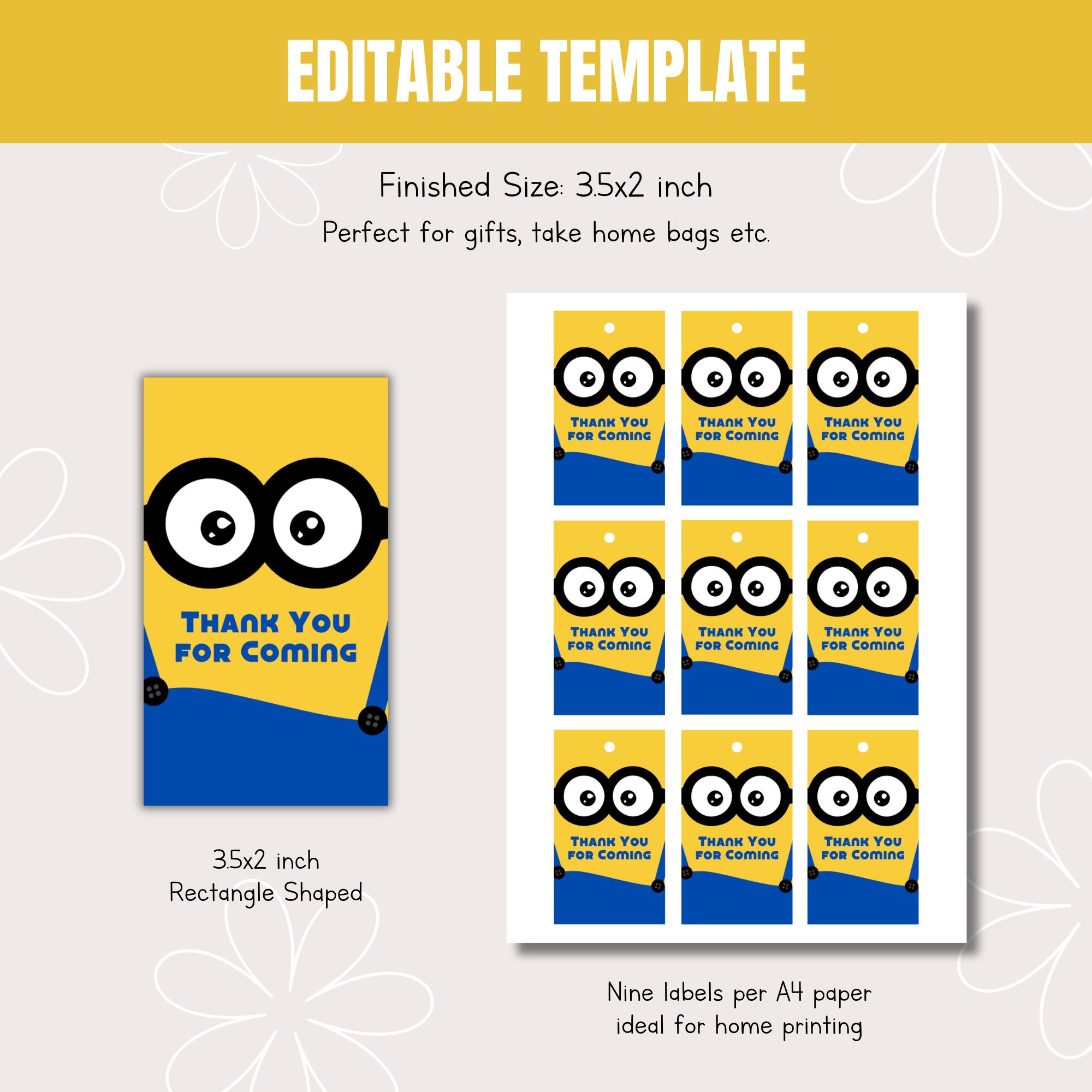 Minions Favour Tag, Thank You Tag Template, Editable Favour Tag ...