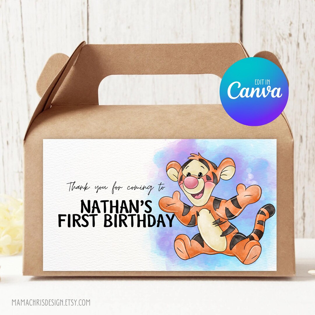 Tigger Gable Box Label Editable, First Birthday Favour Box Sticker ...