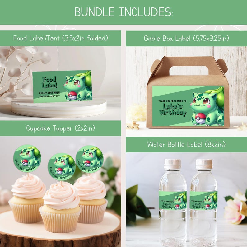 Bulbasaur Birthday Party Bundle Template, Editable Birthday Party ...
