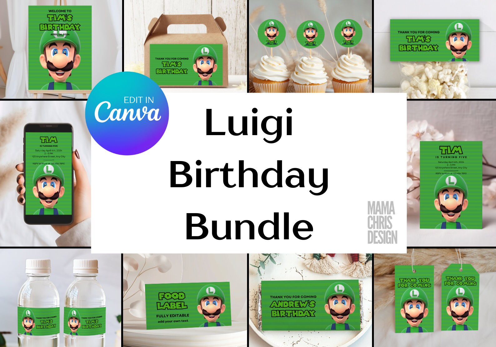 Luigi Birthday Party Bundle Template, Editable Birthday Party Bundle ...