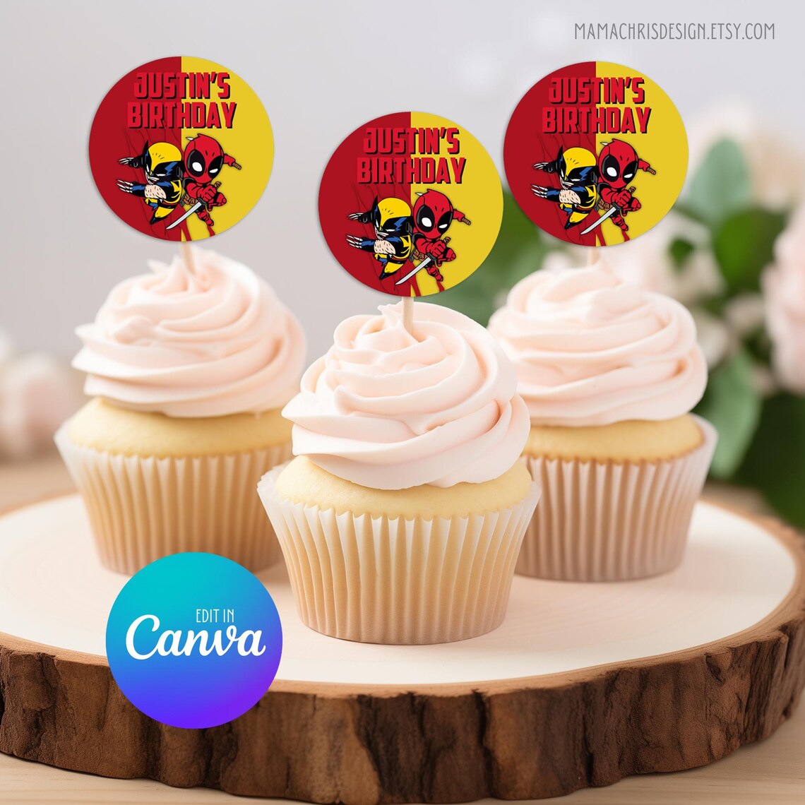 Deadpool & Wolverine Cupcake Topper, Printable Cupcake Topper, Editable ...