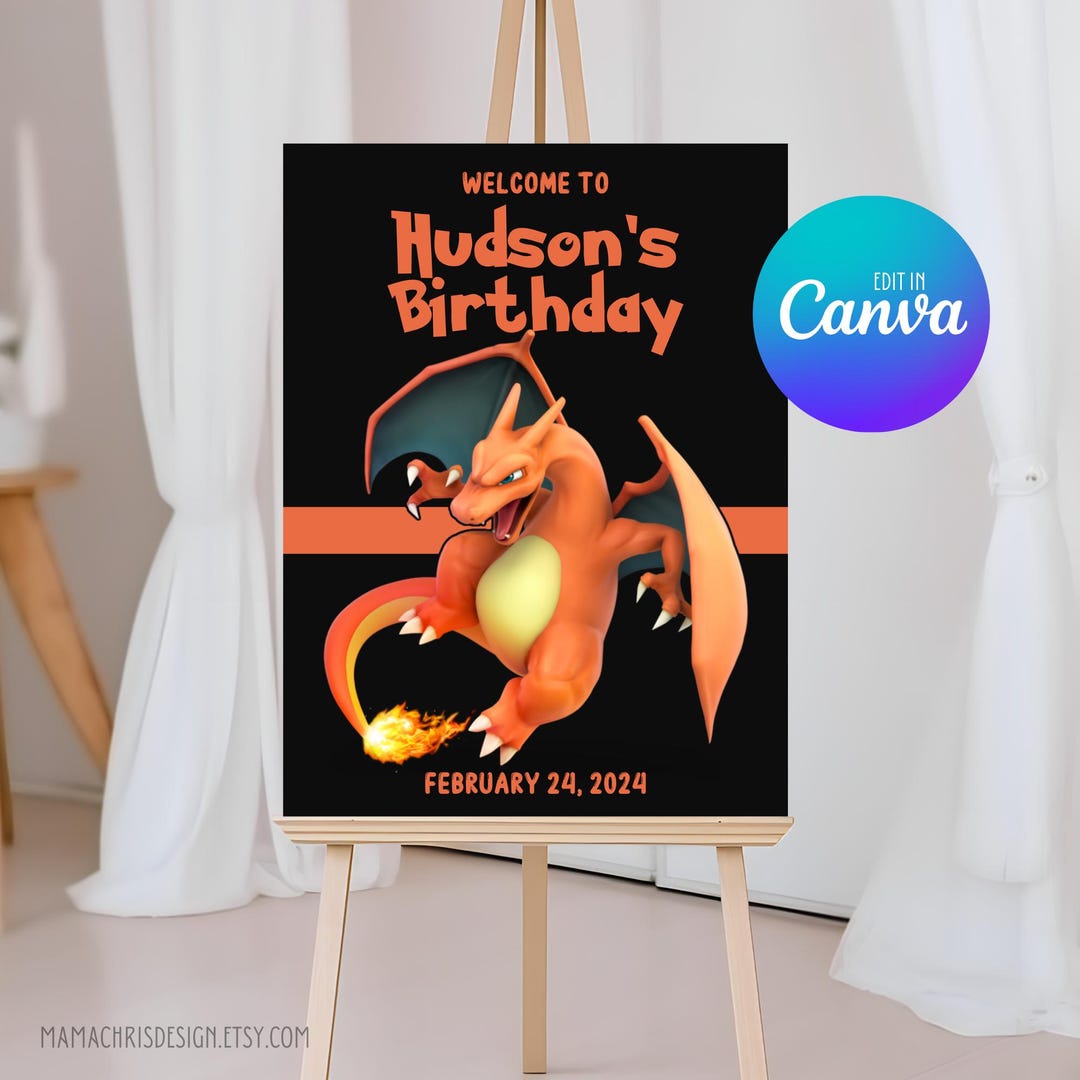 Charizard Welcome Sign Template, Editable Pokemon Birthday Easel Sign ...