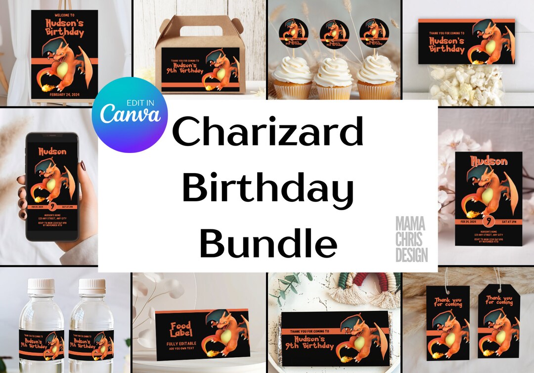 Charizard Birthday Party Bundle Template, Editable Birthday Party ...