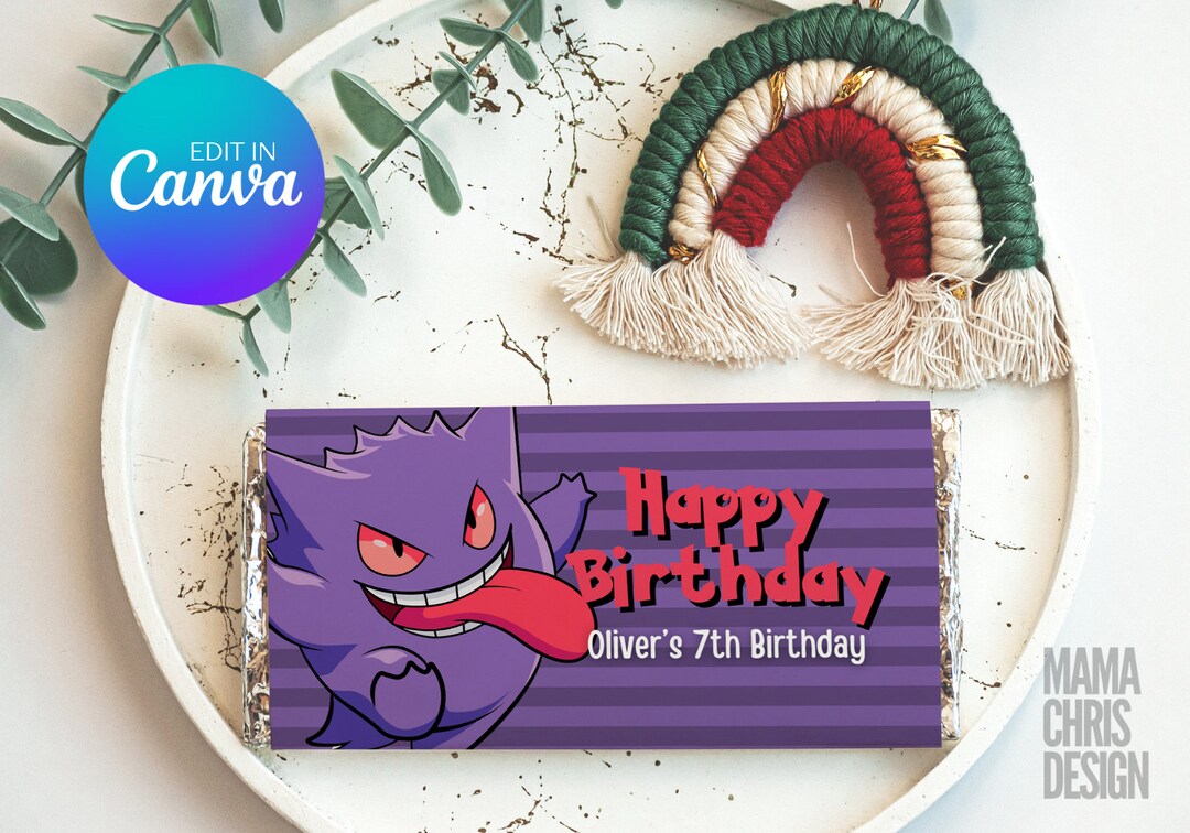 Gengar Theme Birthday Party Chocolate Bar Wrapper Template, Editable ...